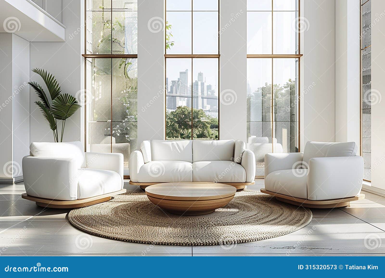 White Soft Sofa with Pillows in Modern Bright Living Room, Front View ...