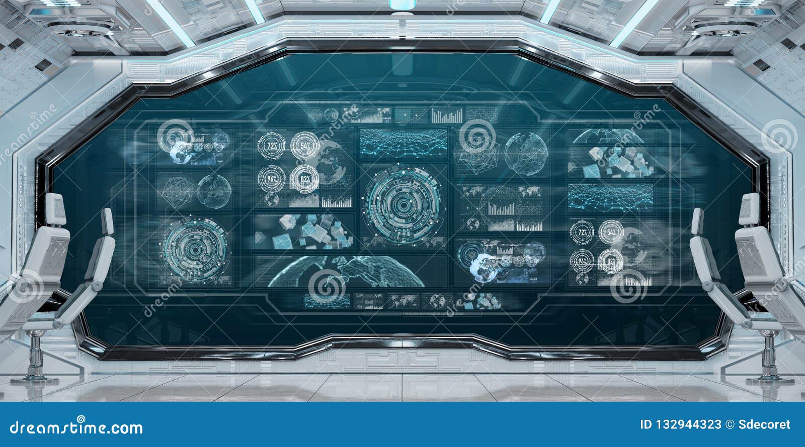 White Spaceship Interior with Control Panel Digital Screens 3D R Stock ...