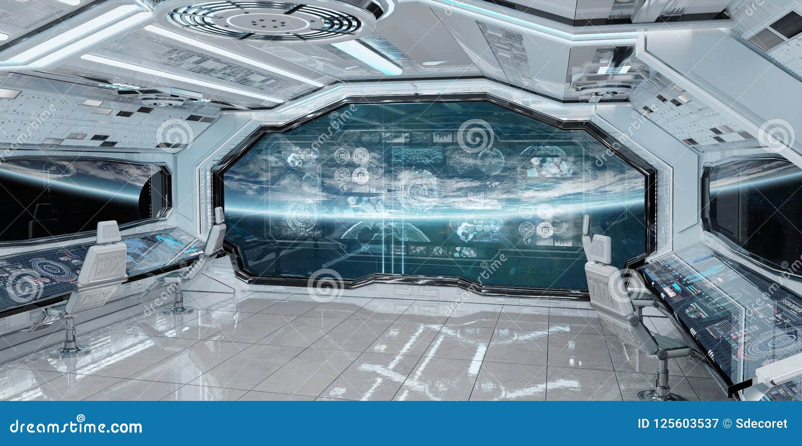 White Spaceship Interior with Control Panel Digital Screens 3D R Stock ...