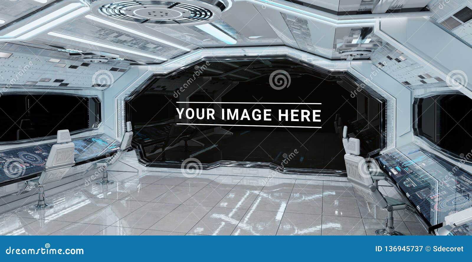 White Spaceship Interior with Large Window View 3D Rendering Stock ...
