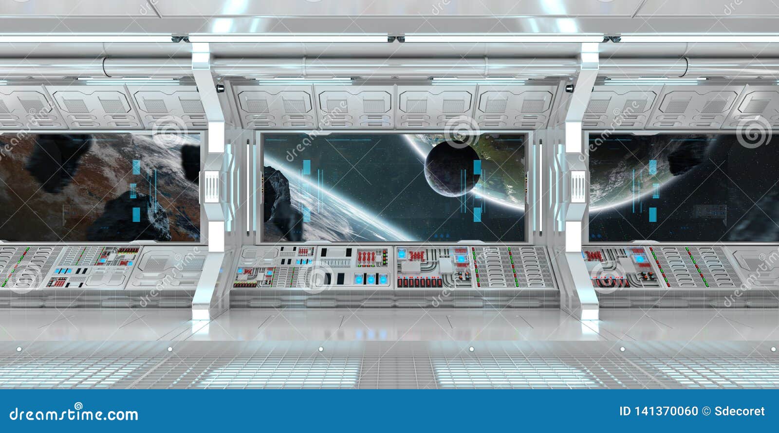 White Spaceship Interior with Large Window View 3D Rendering Stock ...