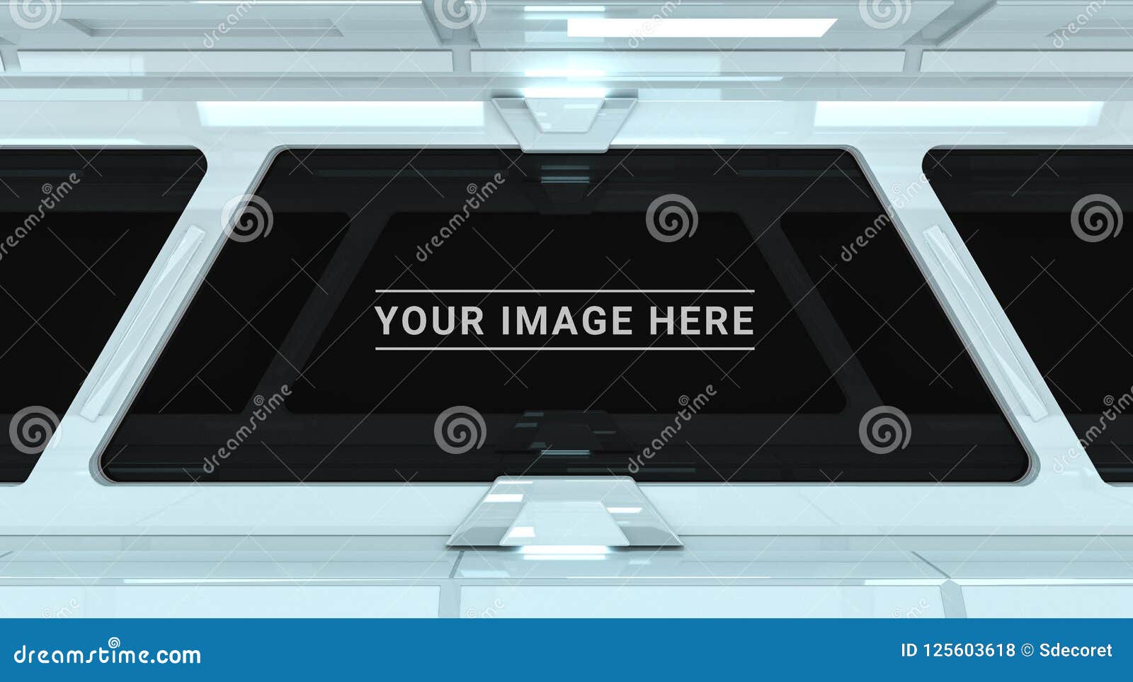 White Spaceship Interior with Large Window View 3D Rendering Stock ...