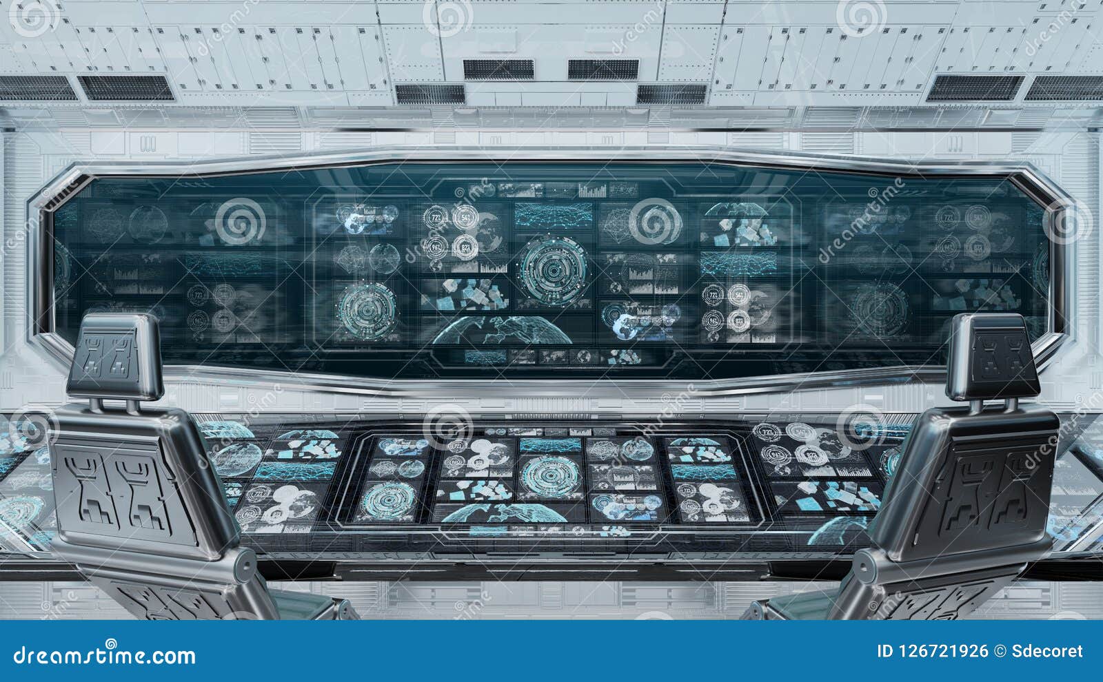 White Spaceship Interior with Control Panel Digital Screens 3D R Stock ...