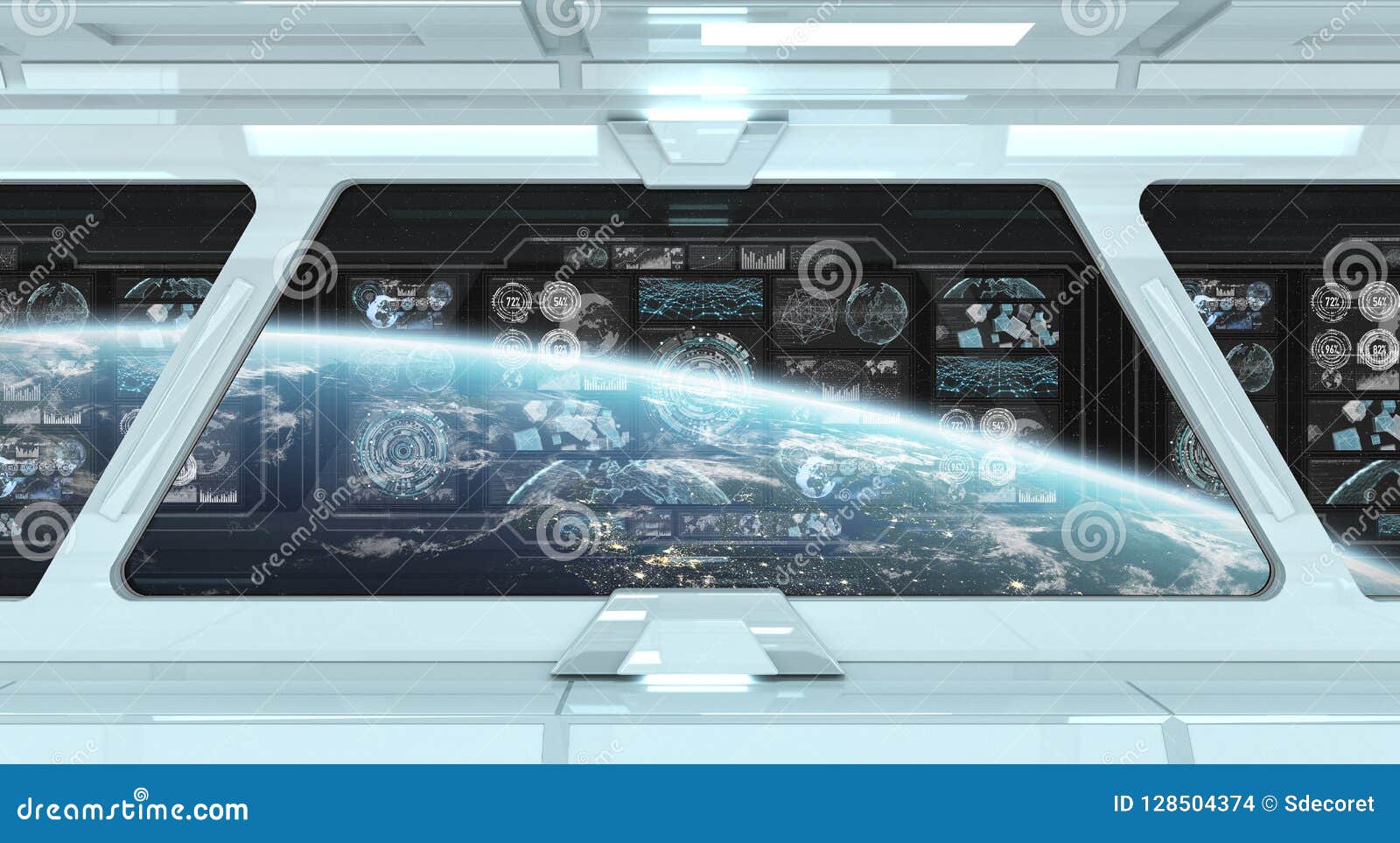 White Spaceship Interior with Control Panel Digital Screens 3D R Stock ...