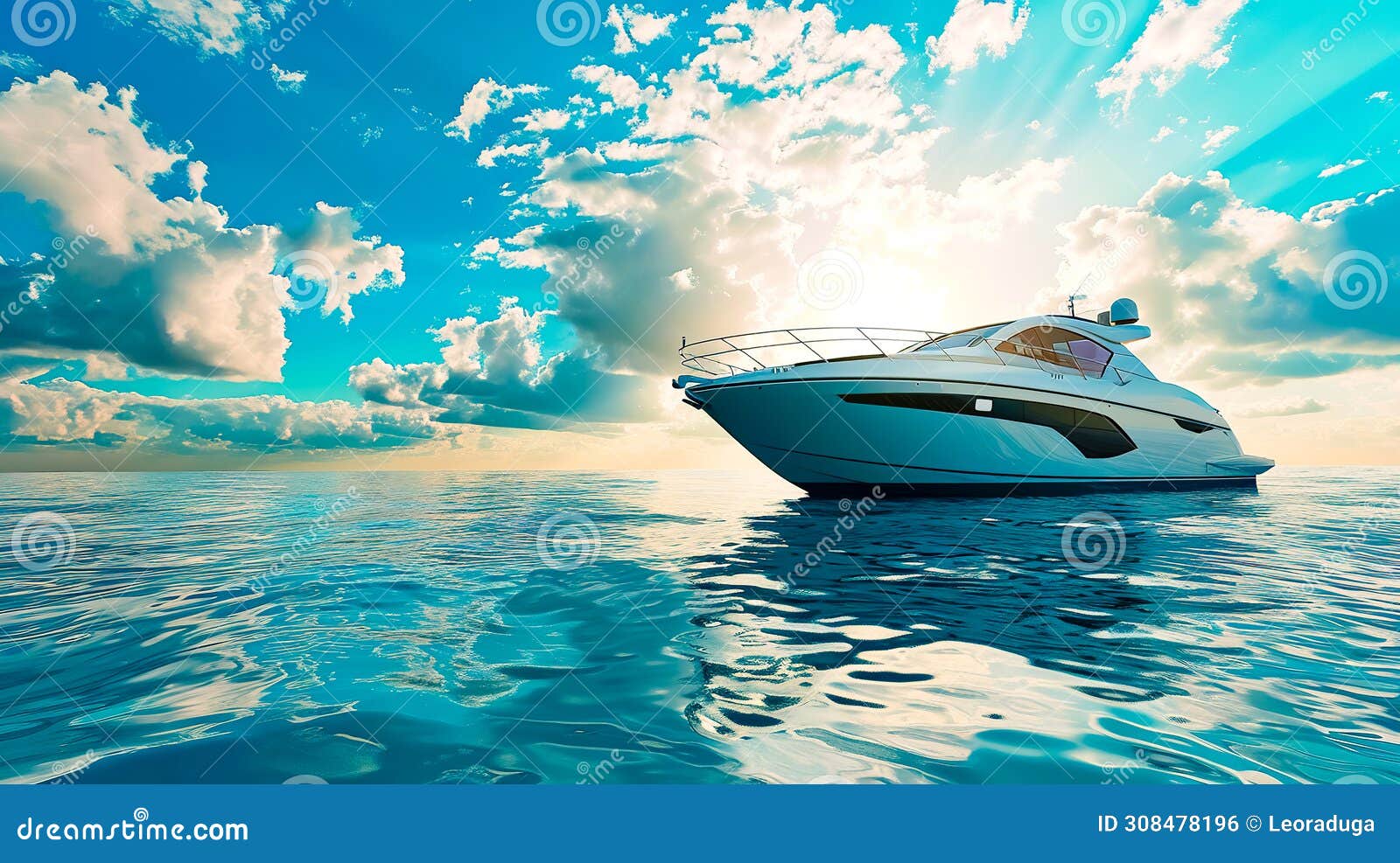 White Speedboat in the Sea on a Background of Blue Sky with Clouds ...