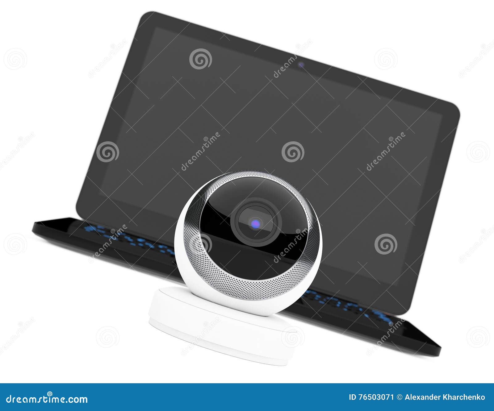 White Spherical Web Camera in Front of Laptop. 3d Rendering Stock ...
