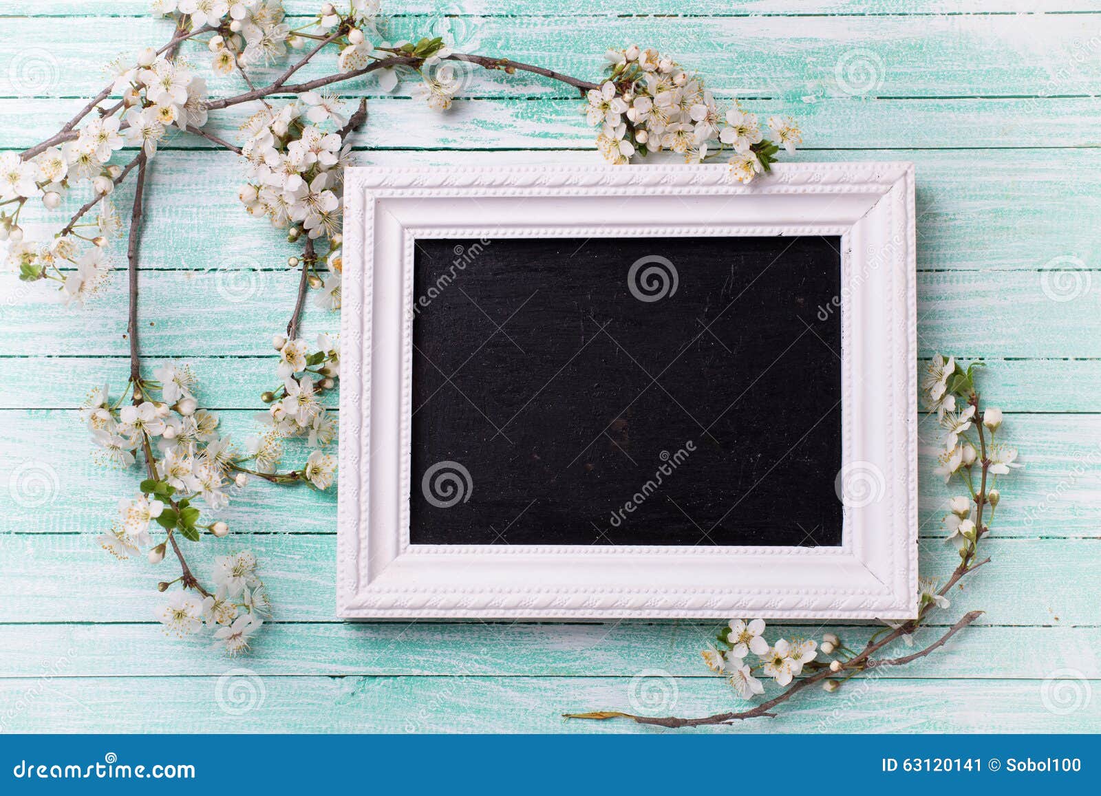 White Spring Flowering Branches of Trees and Empty Blackboard Stock ...