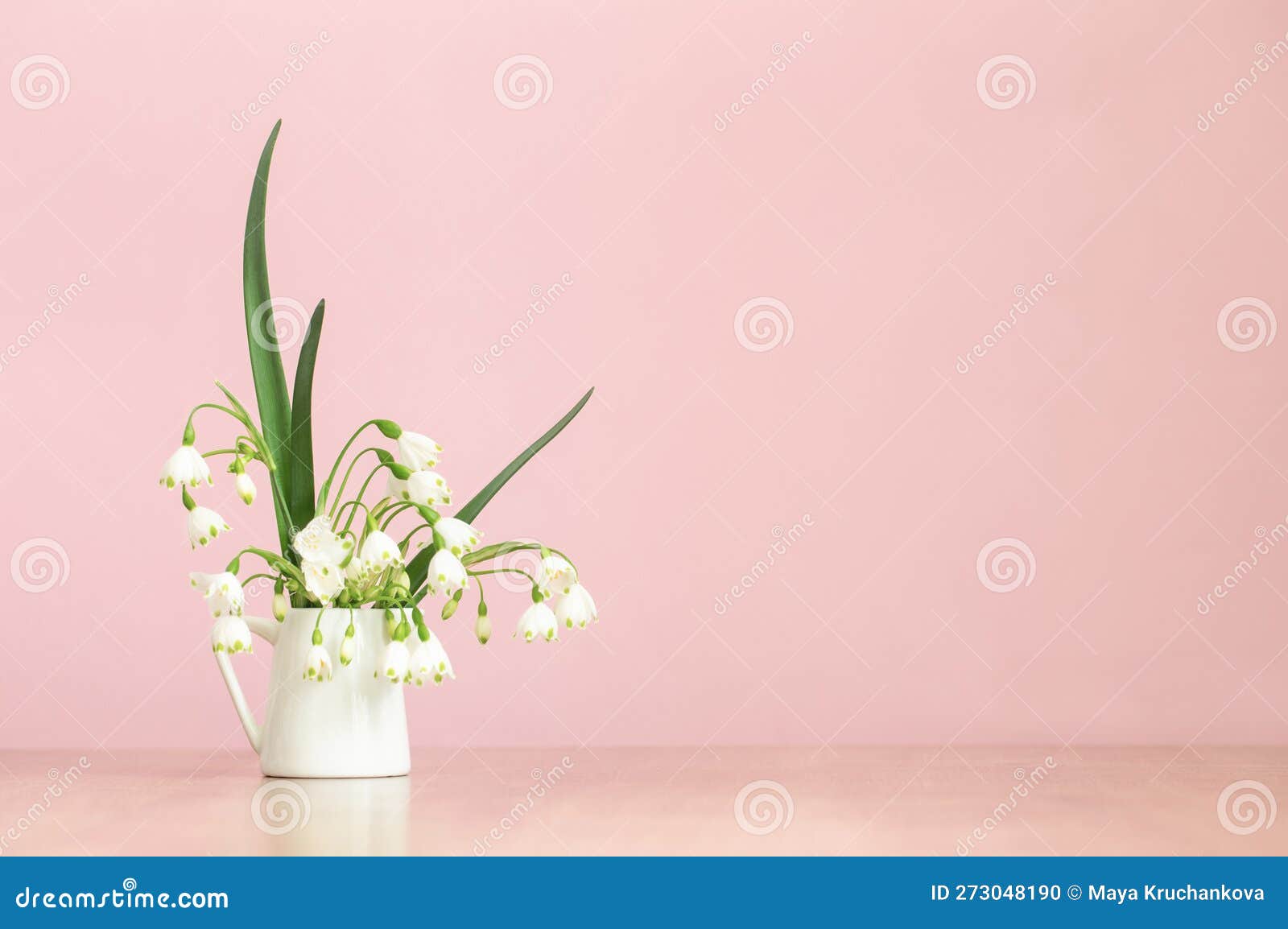 White Spring Flowers in Jug on Pink Background Stock Photo - Image of ...