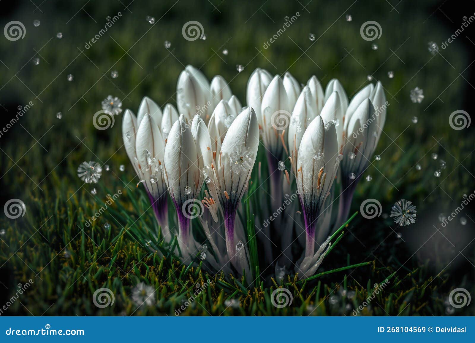 White Sprouting Crocus Flowers Covered in Water Droplets in Spring ...