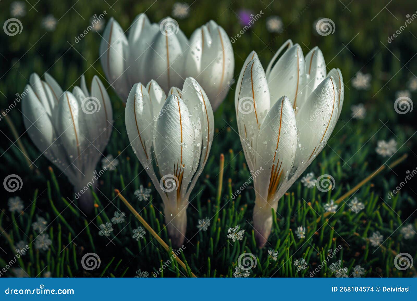 White Sprouting Crocus Flowers Covered in Water Droplets in Spring ...