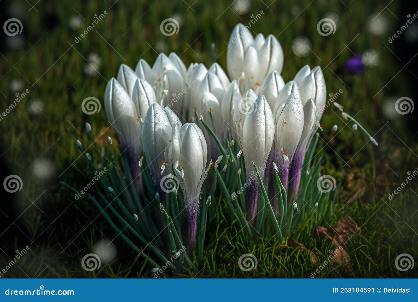 White Sprouting Crocus Flowers Covered in Water Droplets in Spring ...
