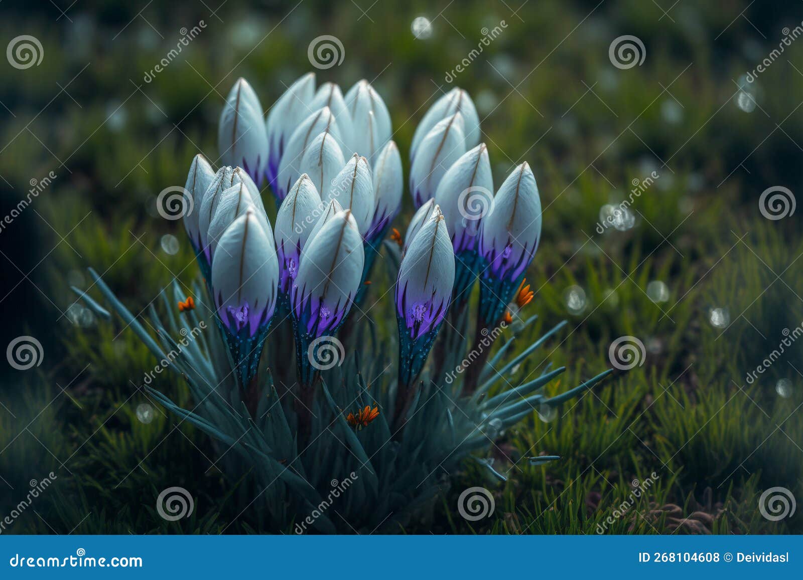 White Sprouting Crocus Flowers Covered in Water Droplets in Spring ...