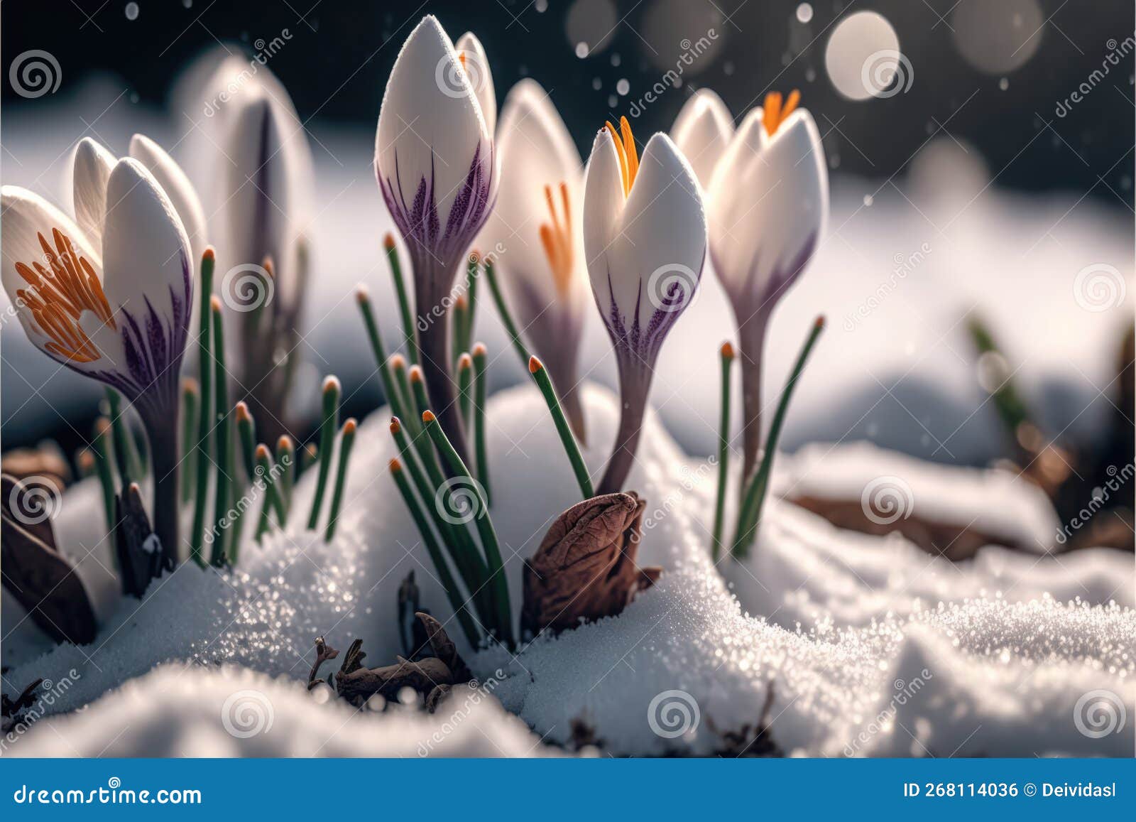 White Sprouting Crocus Flowers Growing from the Snow in Spring ...