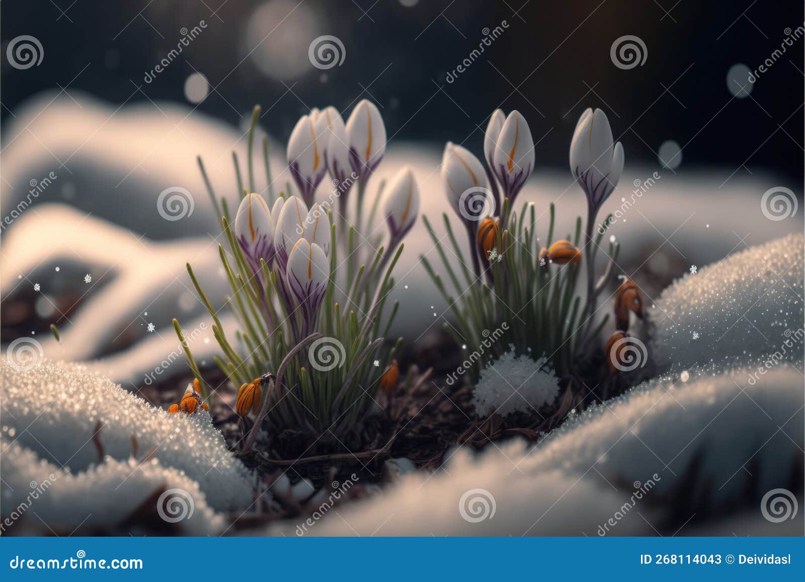 White Sprouting Crocus Flowers Growing from the Snow in Spring ...