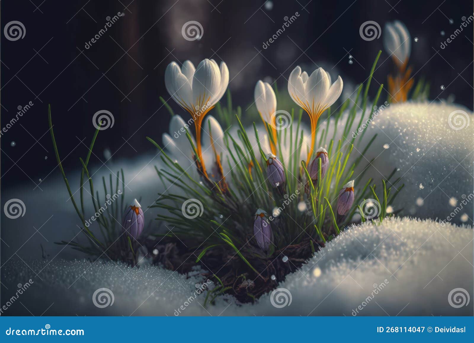 White Sprouting Crocus Flowers Growing from the Snow in Spring ...