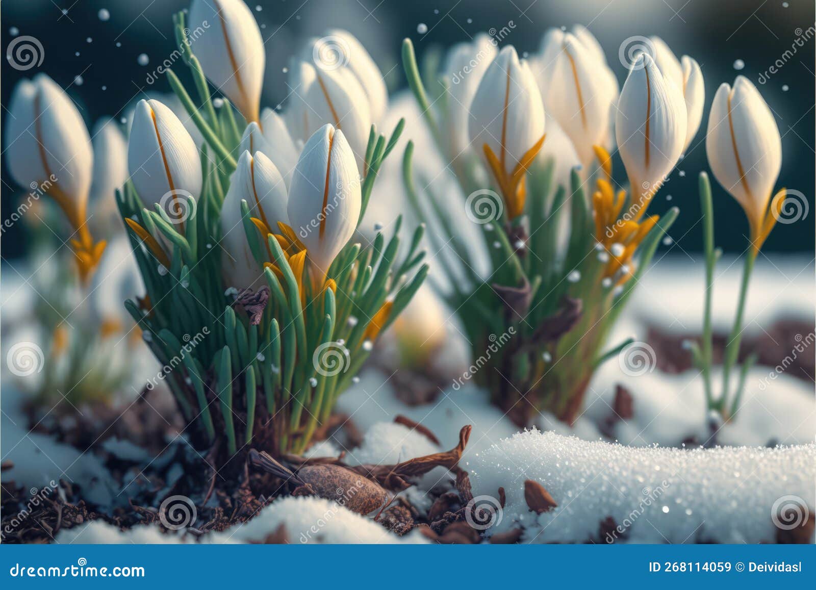 White Sprouting Crocus Flowers Growing from the Snow in Spring ...