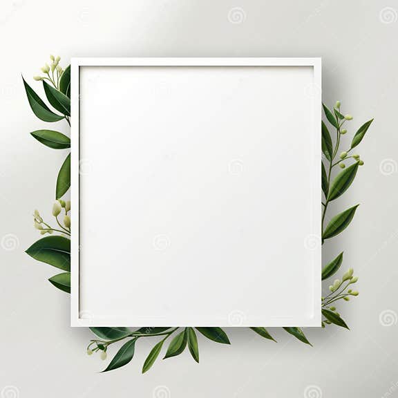 White Square Frame with Green Leaves on a Gray Background Stock ...