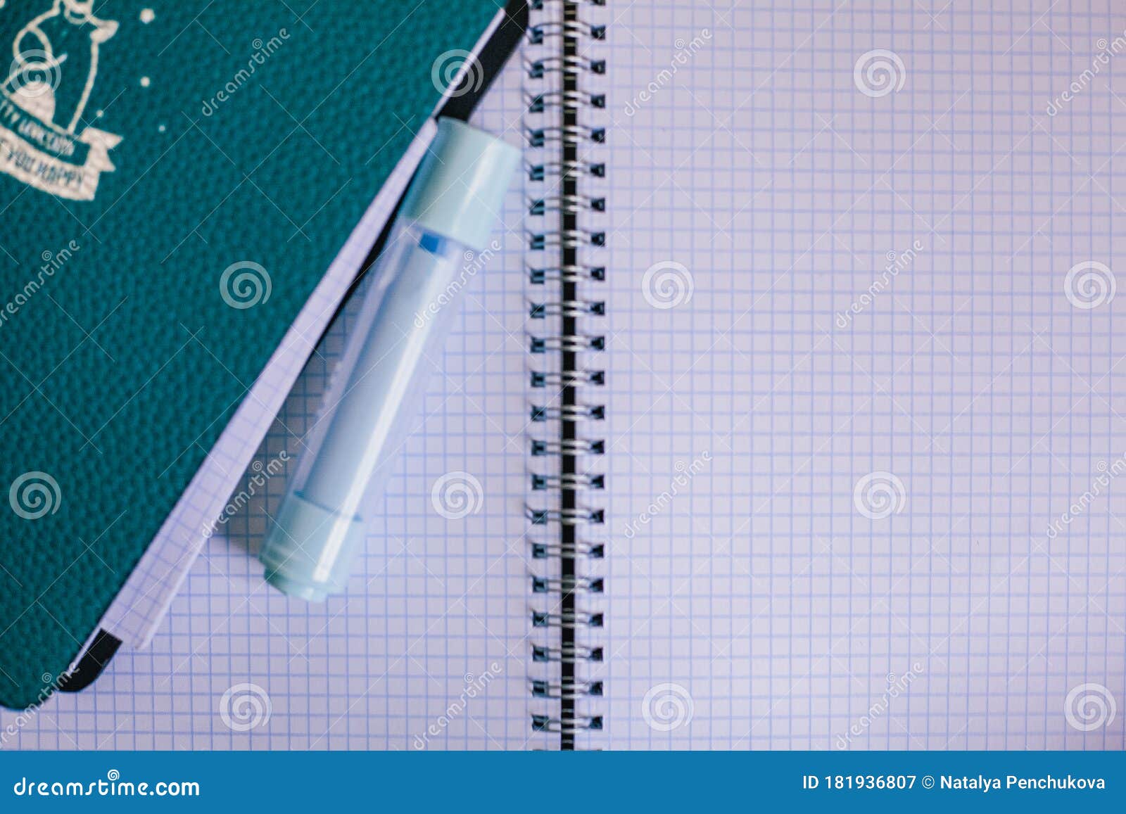 Blue Notebook with Texture, Felt-tip Pen on the Background of an Open ...