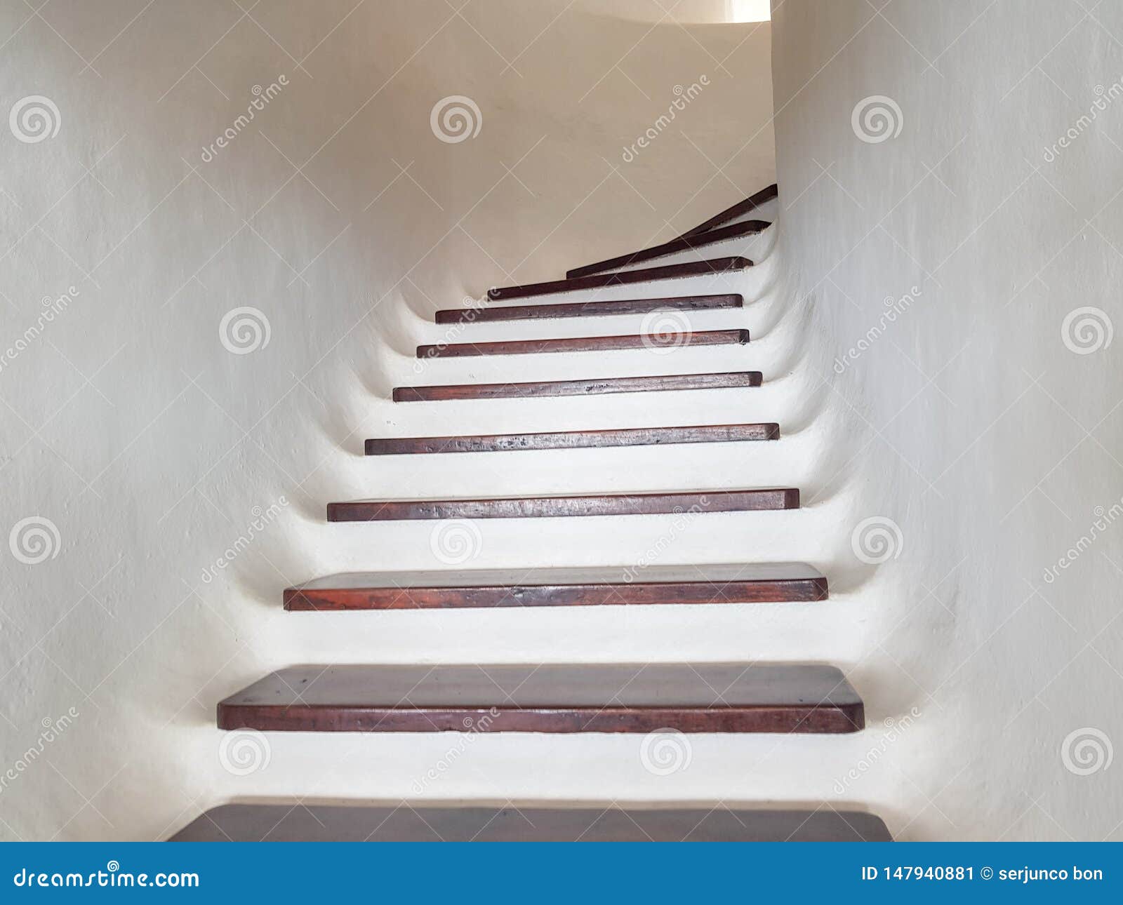 White Staircase Design with Wooden Steps. Upward View Stock Image ...