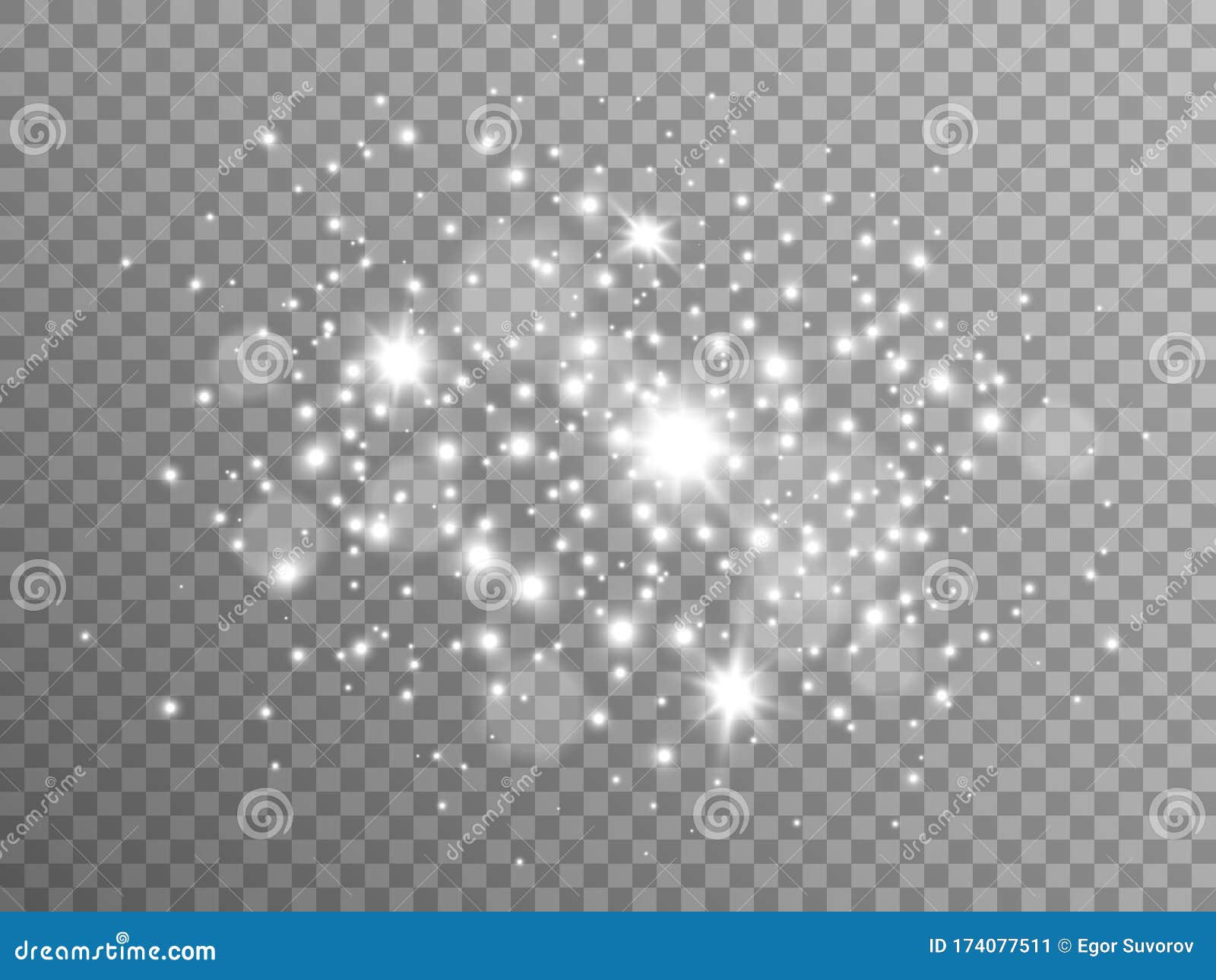 White Stars and Sparks on Transparent Backdrop. Silver Particles with ...