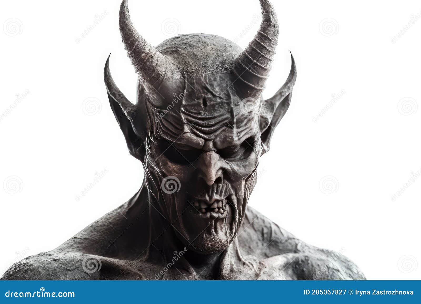 White Statue of a Devil with Two Large Horns Sitting on a Base Stock ...