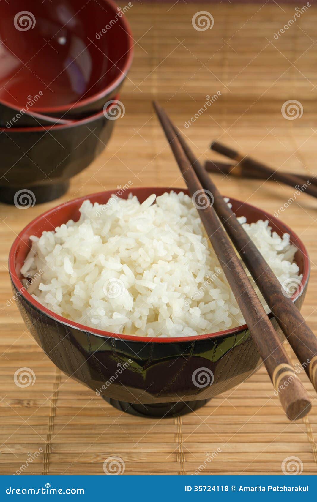 White Steamed Rice in a Bowl with Chopsticks Stock Photo - Image of ...