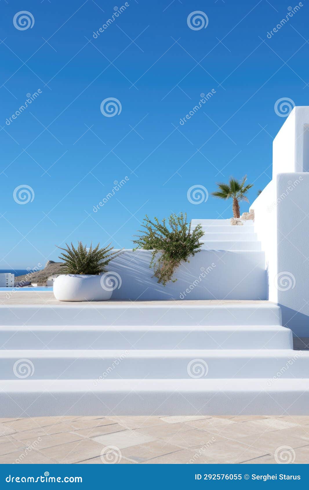 White Steps Leading To a White Building with Palm Trees, AI Stock Image ...