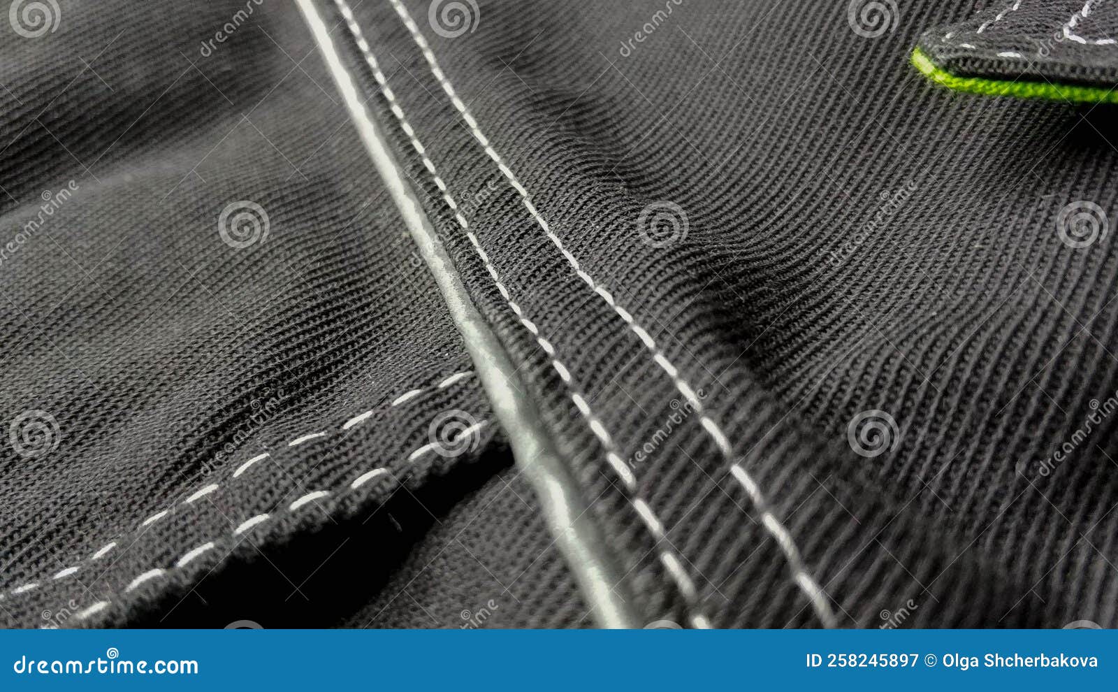 White Stitching on Black Fabric. Texture Black Working Clothes with ...