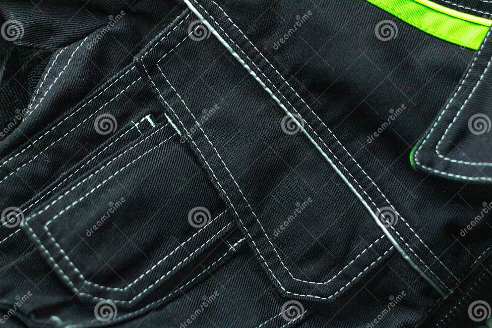 White Stitching on Black Fabric. Texture of Black Working Clothes White ...