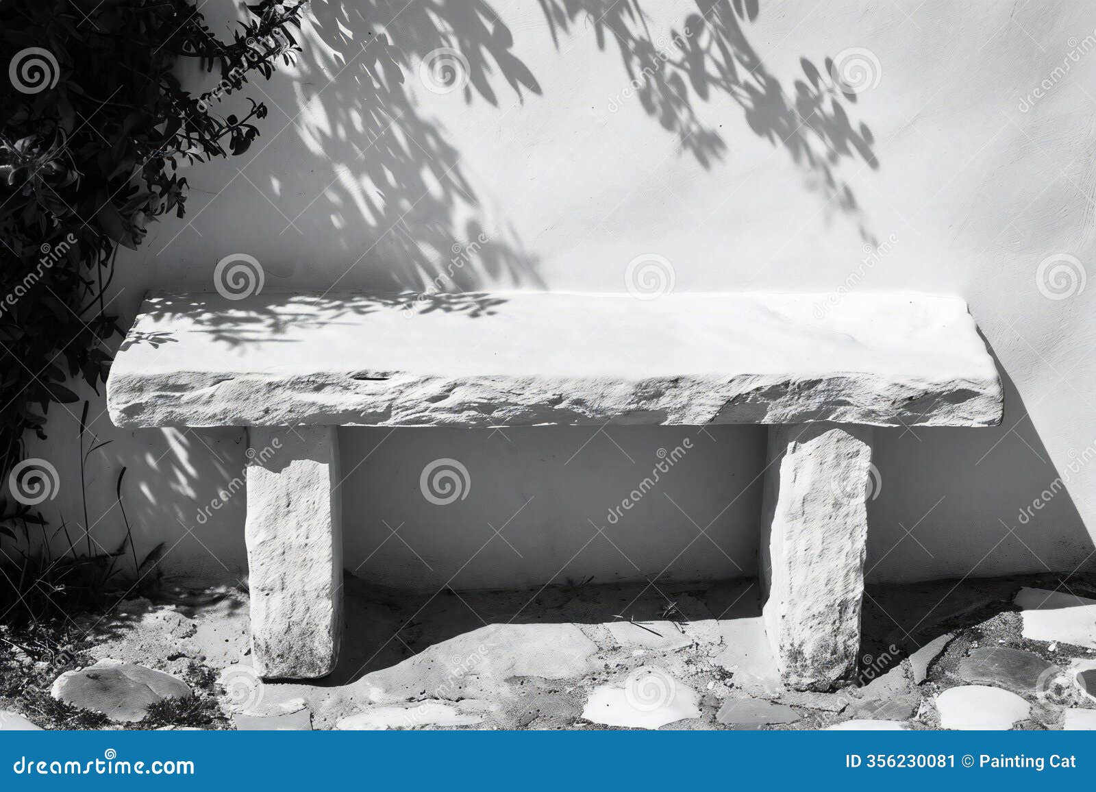 White Stone Bench with Shadow of Tree, Black and White Photo Stock ...