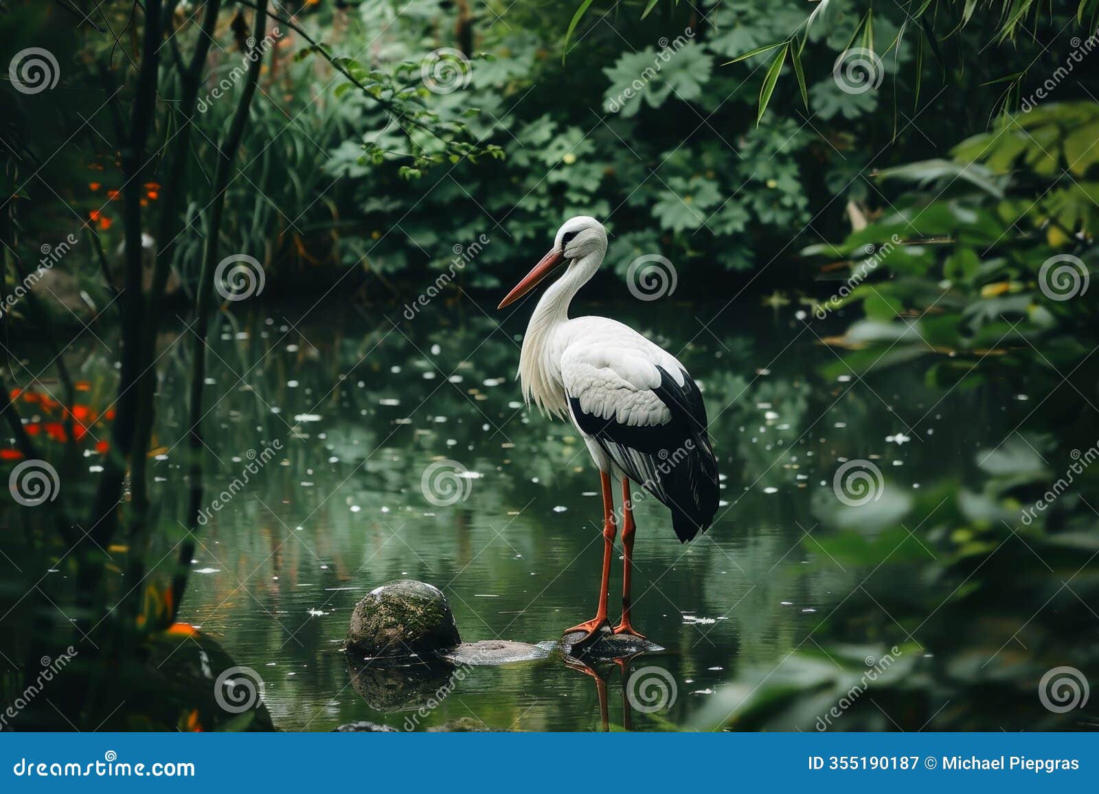 A White Stork Standing at a Little Pond Stock Illustration ...