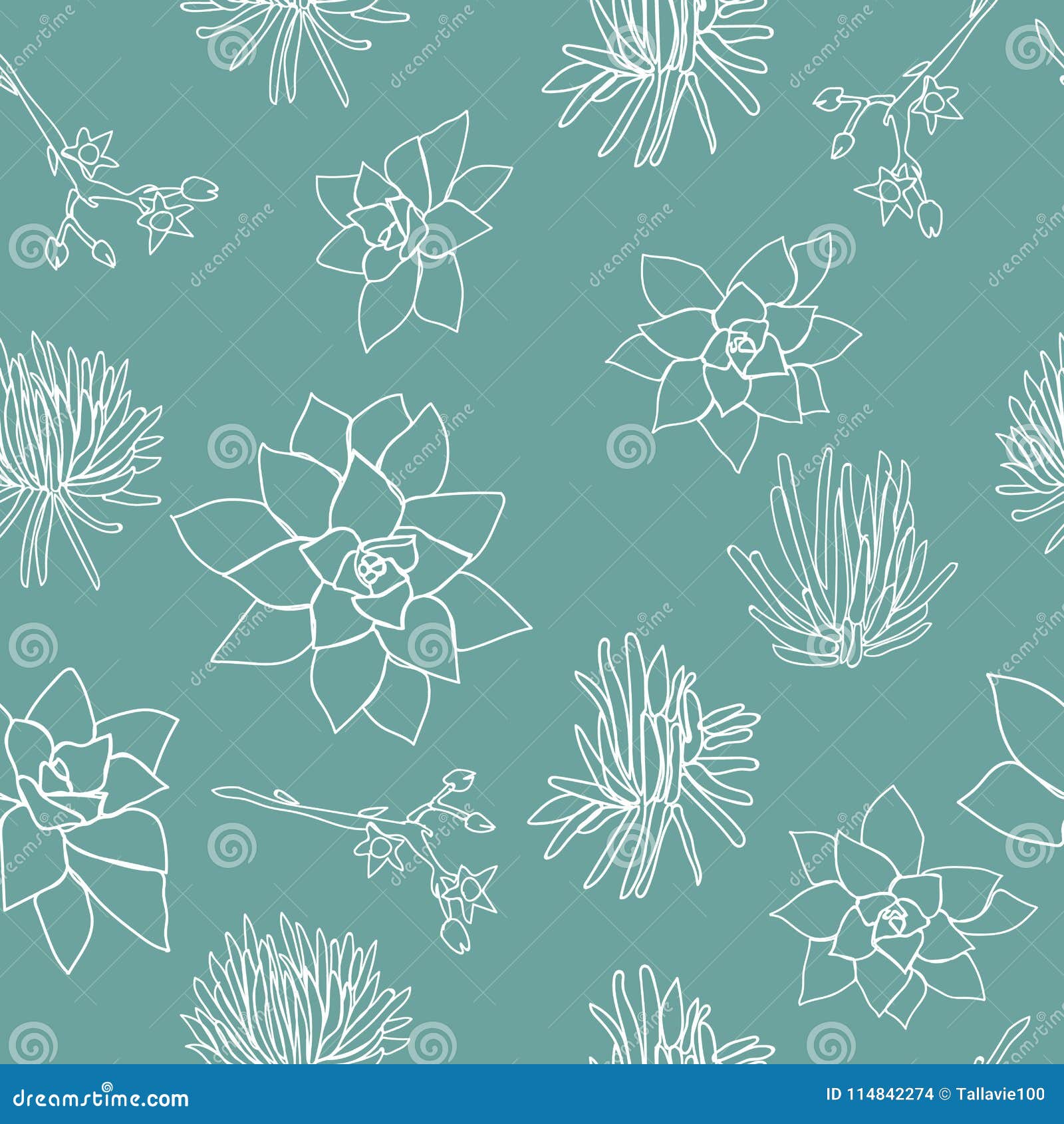 White Succulent Line Shapes on Petrol Background Seamless Repeat ...