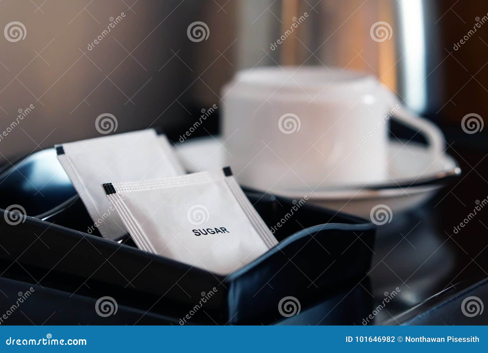 White Sugar Packet with Coffee Cup and Kettle Set in Hotel Room Stock ...
