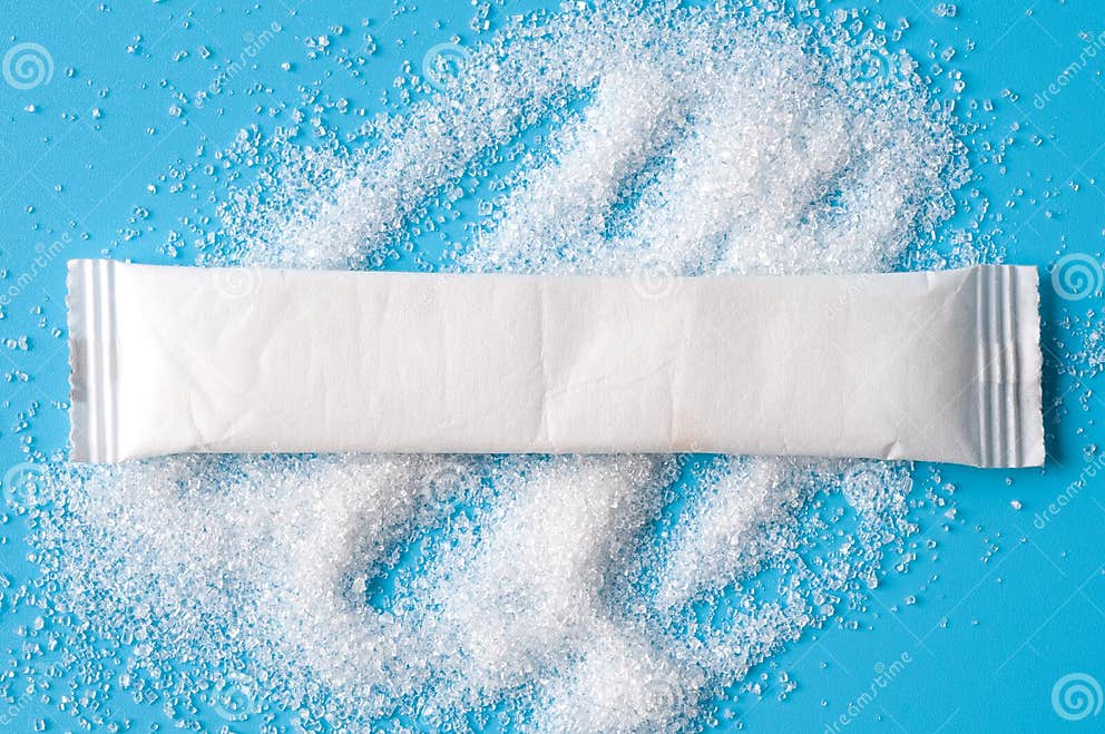 White Sugar Packets on a Blue Background Stock Photo - Image of product ...