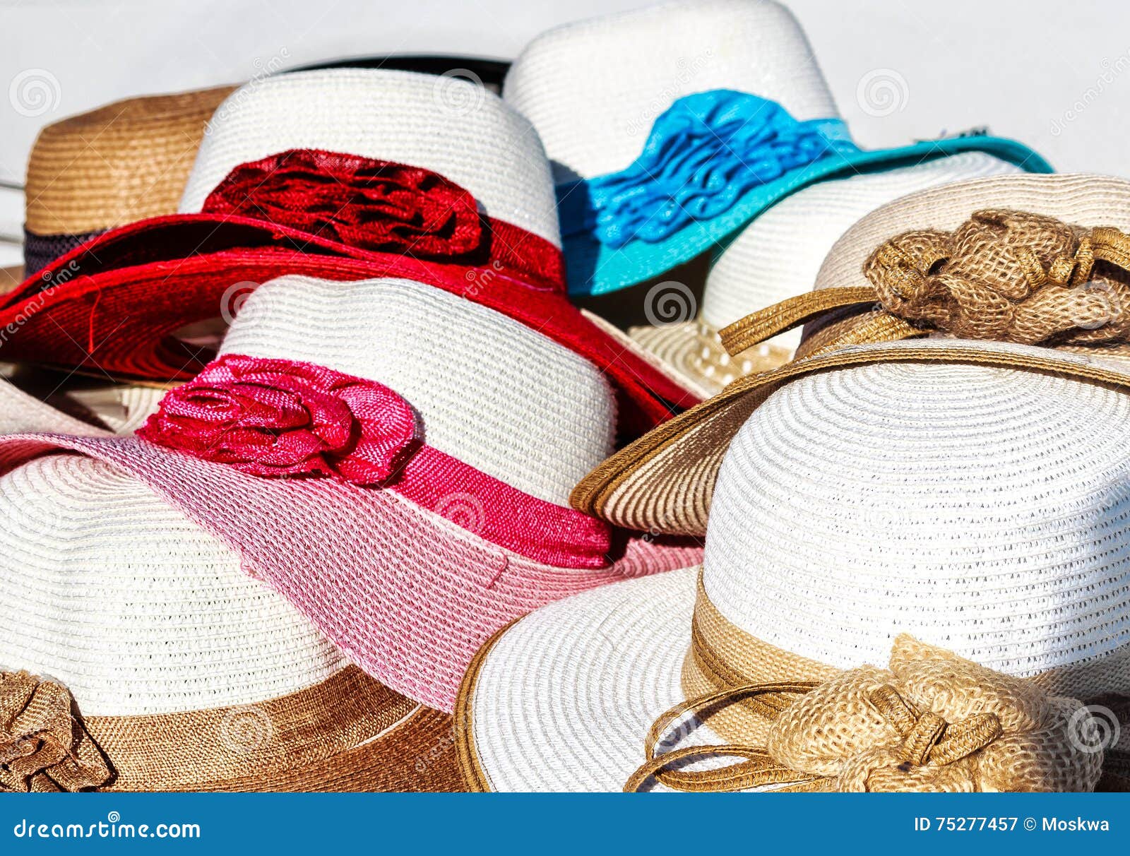 White Summer Hats Colorful Decorated Stock Image - Image of selection ...