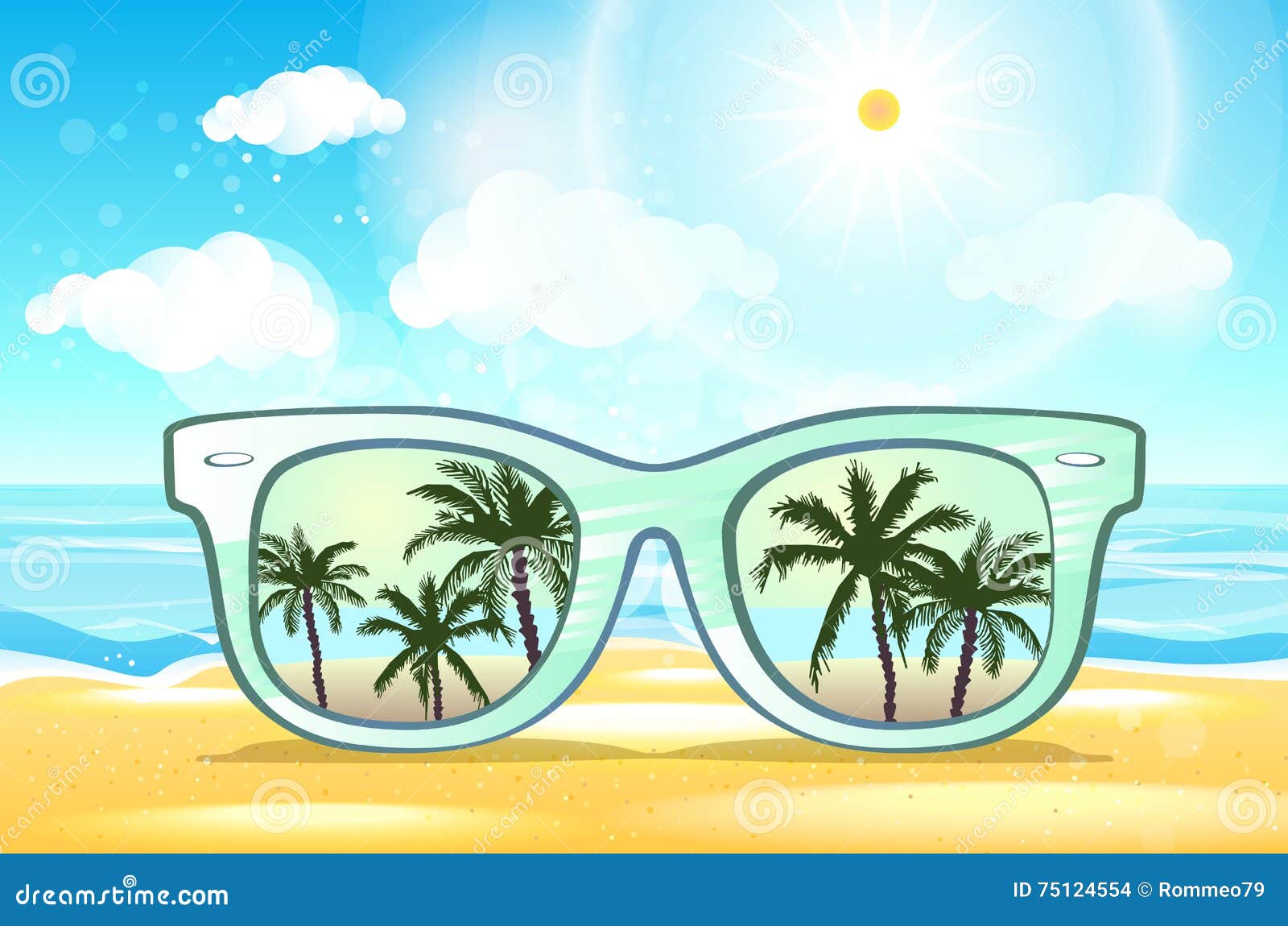 White Sunglasses Reflection Sunset at Palm Tree Landscape Scene in ...
