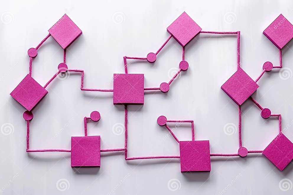 A White Surface with Pink Paper Squares Connected by String, Creating a ...