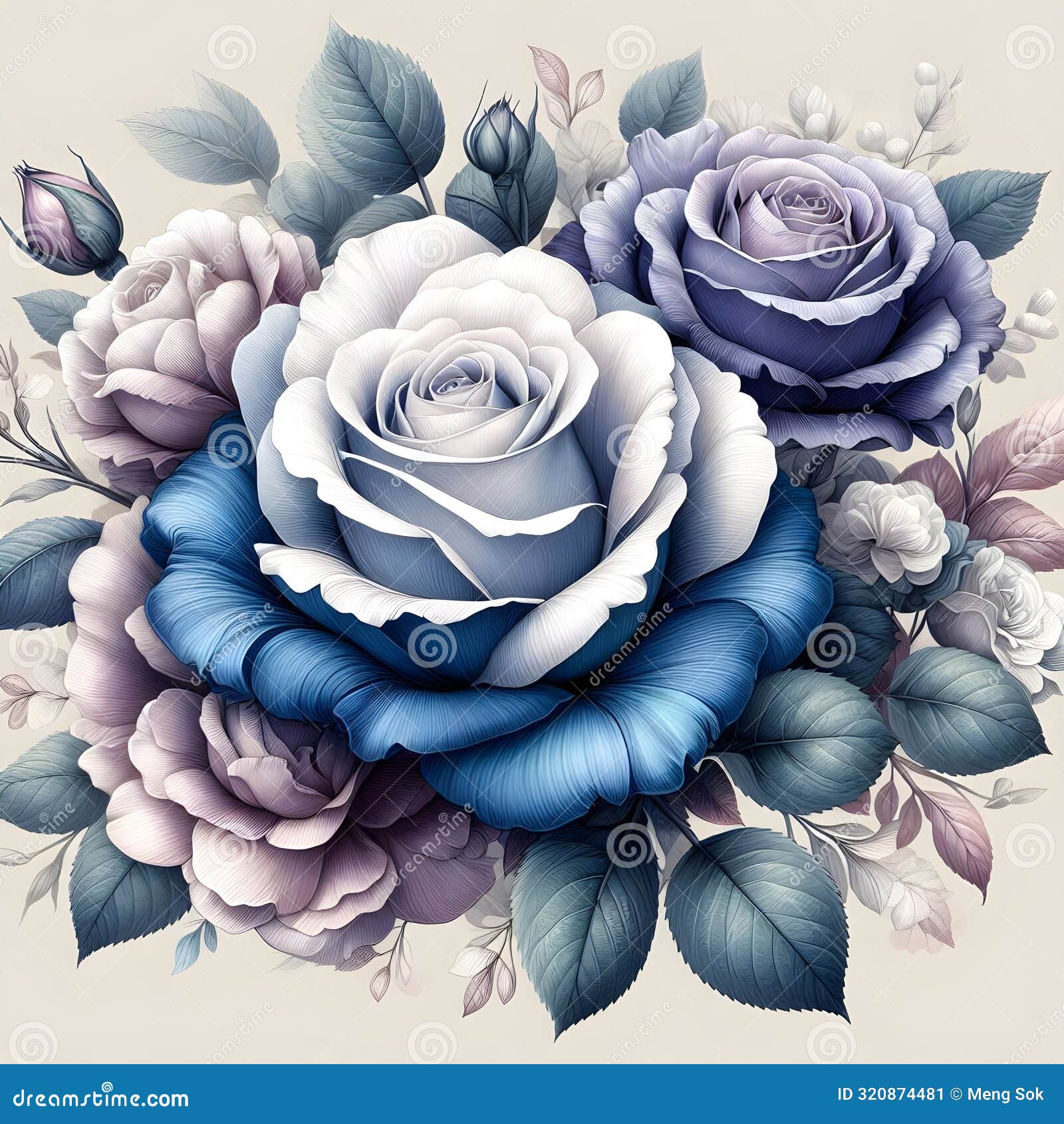 On a White Surface, There is a Collection of Roses in Blue and White ...