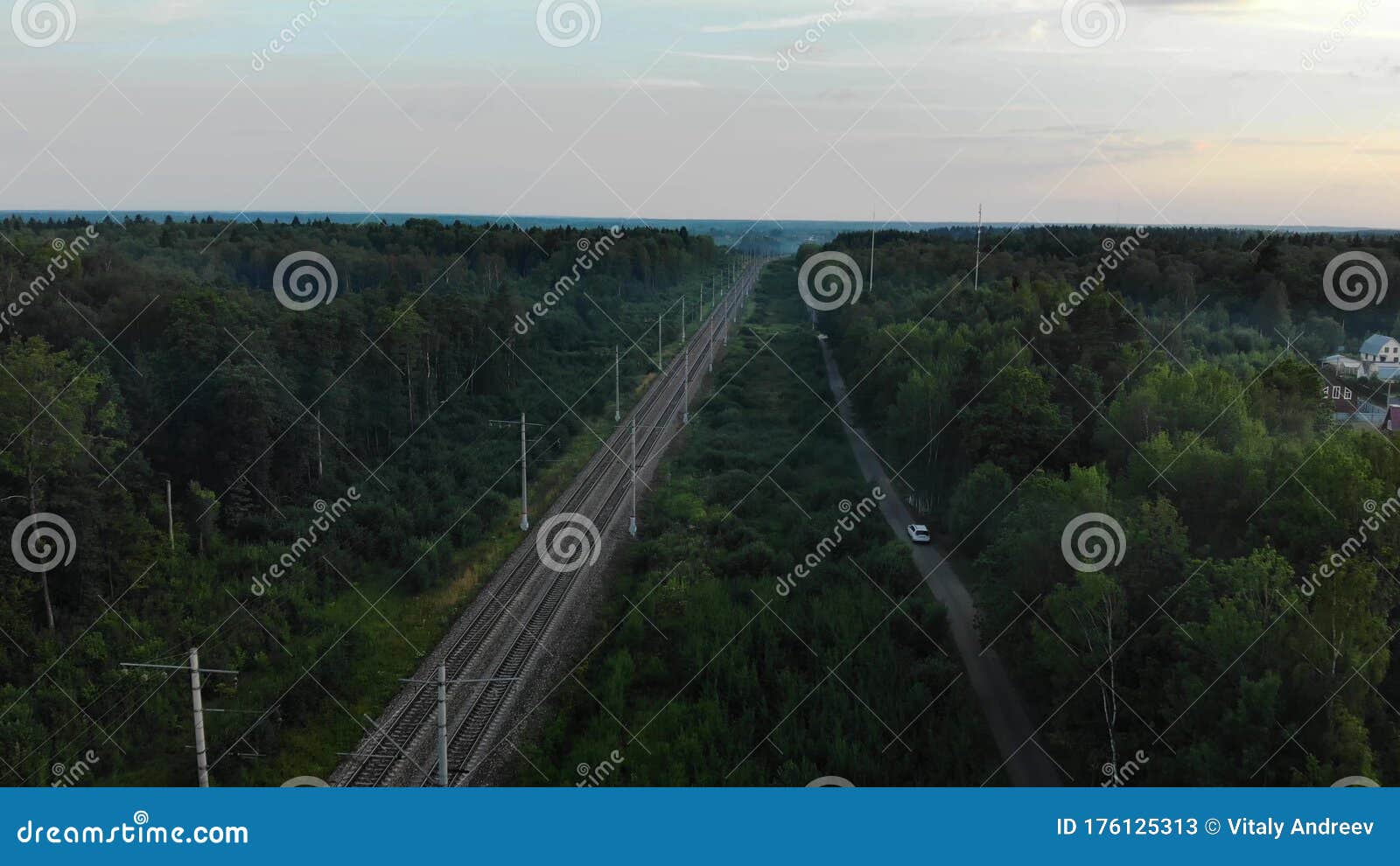 White SUV Drive on the Road Parallel Railways. Aerial View. Stock ...