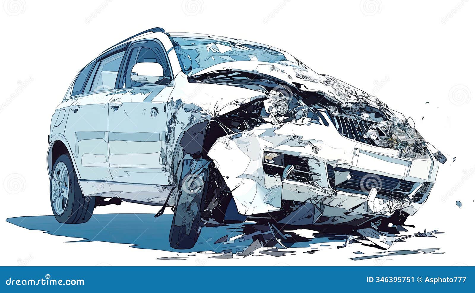 White SUV with Severe Front Damage after Head-on Collision Stock ...