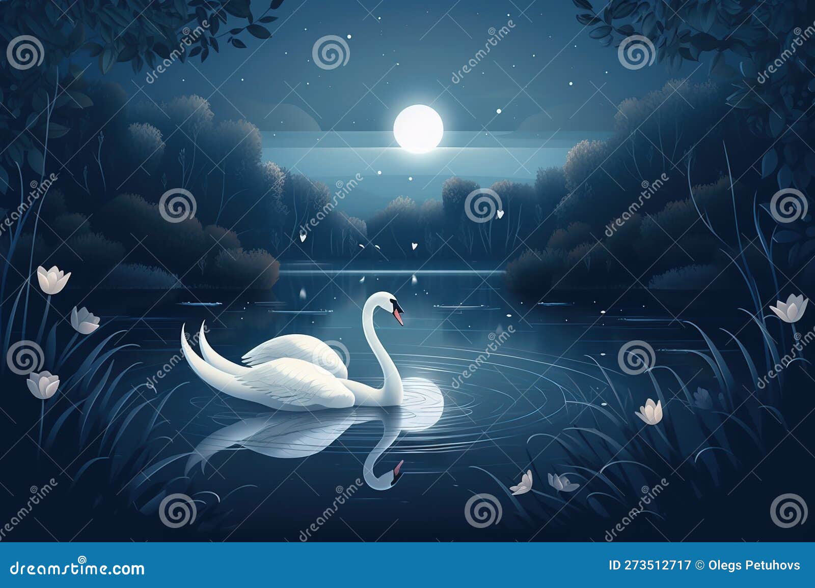 A White Swan Floating on Top of a Lake Under a Full Moon Stock ...