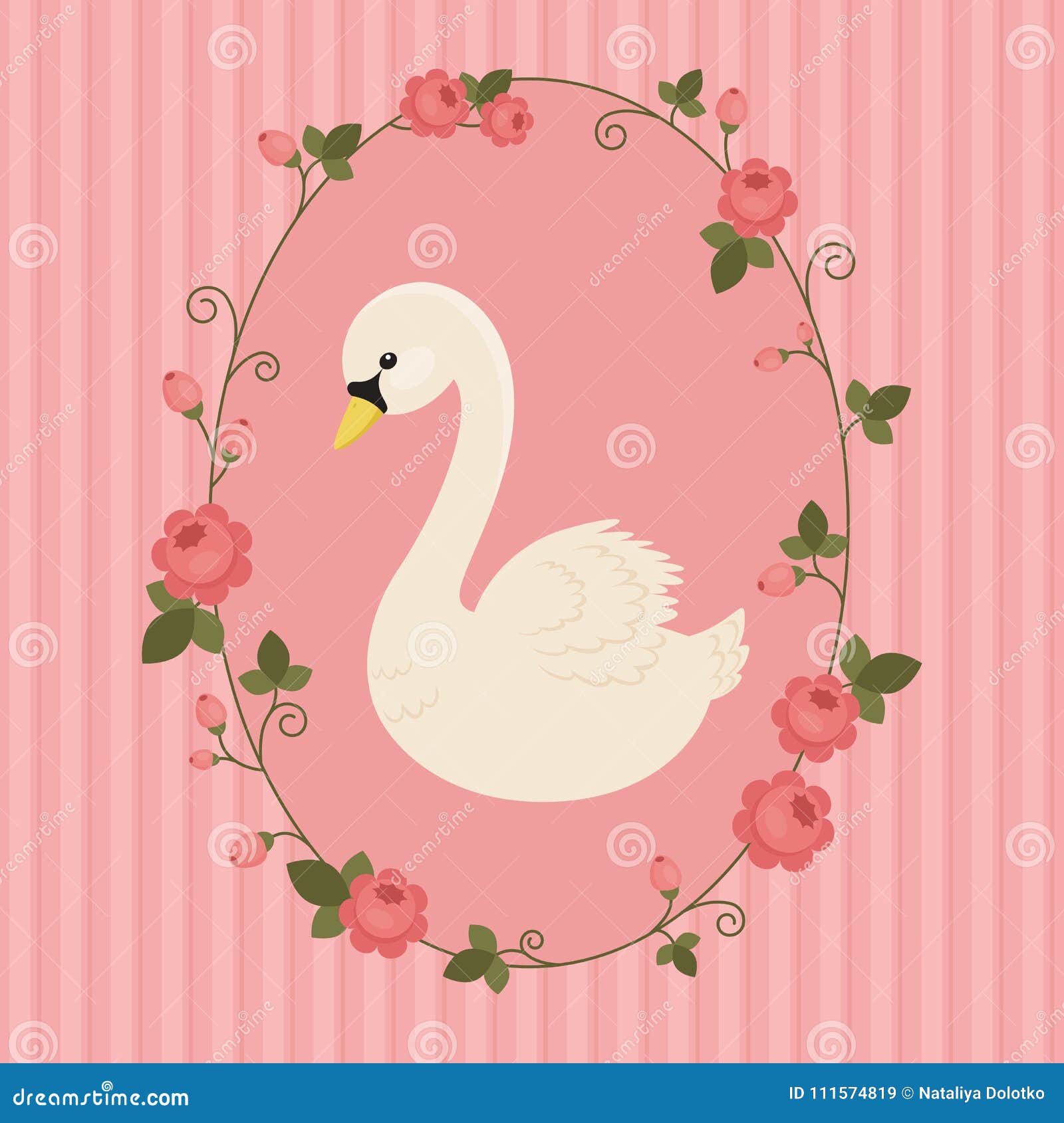 White Swan in Floral Frame on Pink Background Stock Vector ...