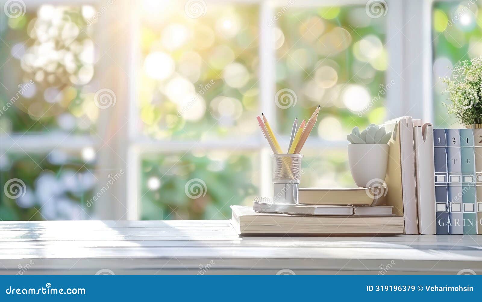 White Table with Books, Stationery and Copy Space in Blurred Study Room ...