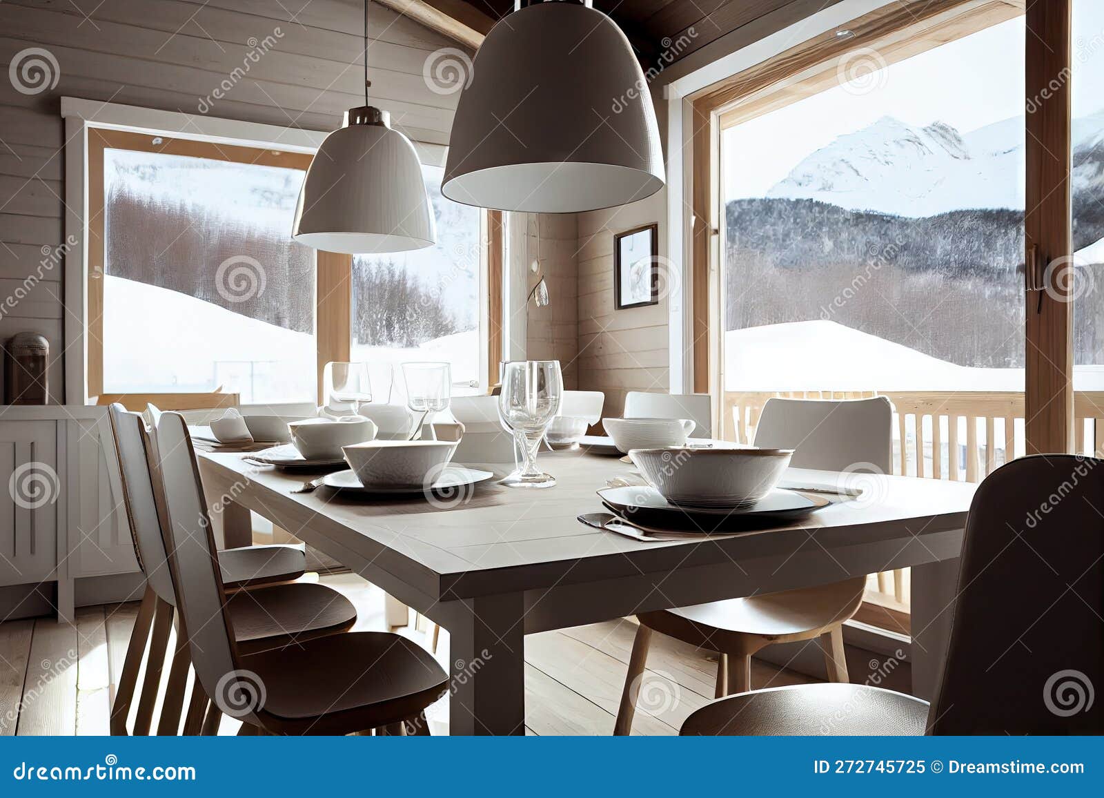 White Table with Bright Breakfast at Big Dining Table on Chalet Stock ...