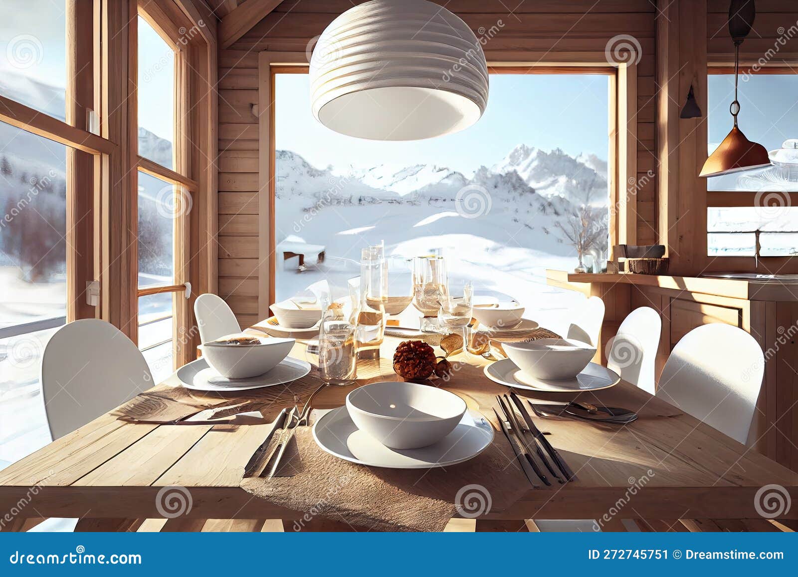 White Table with Bright Breakfast at Big Dining Table on Chalet Stock ...