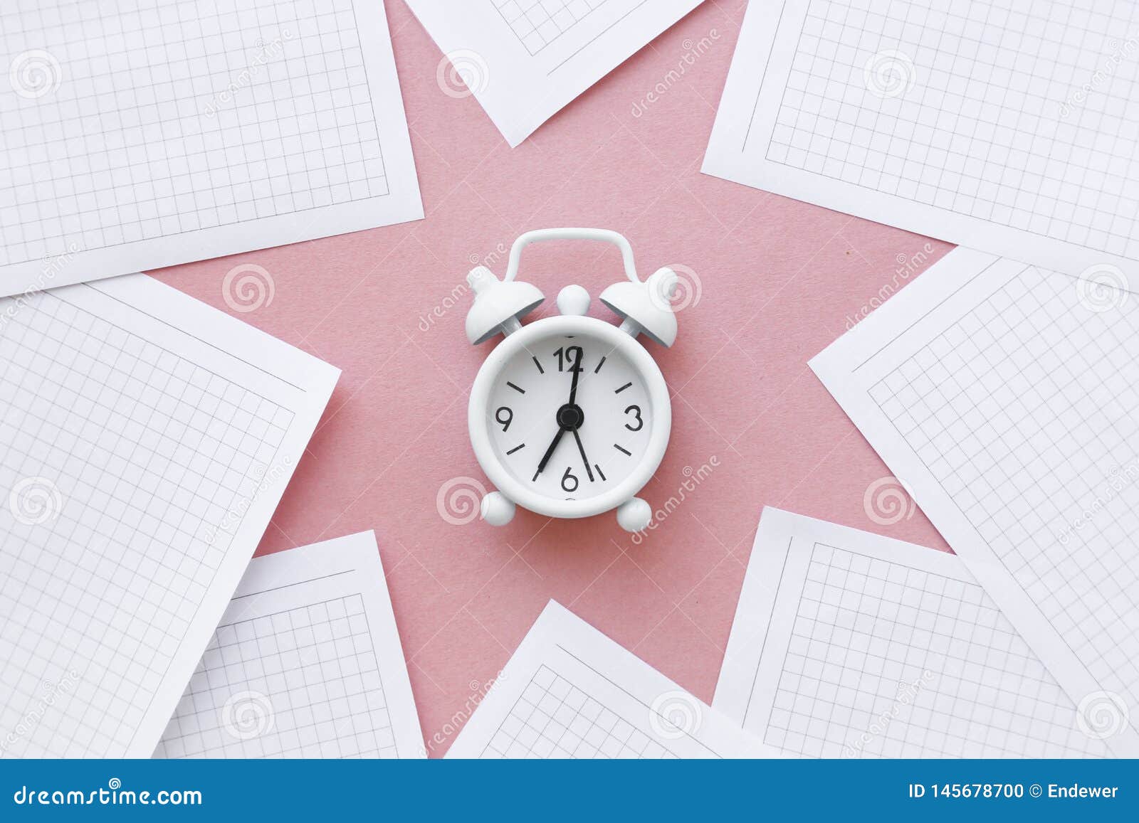 White Table Clock, Alarm Clock on a Bright Background, Top View. Break ...