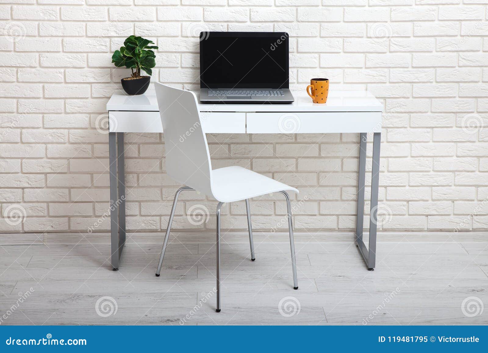White Table Near the White Wall. Empty Workplace in the Room. White ...