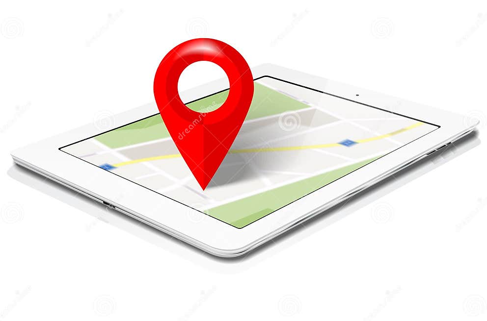 White Tablet with Abstract Map and Red Marker on Screen Stock ...