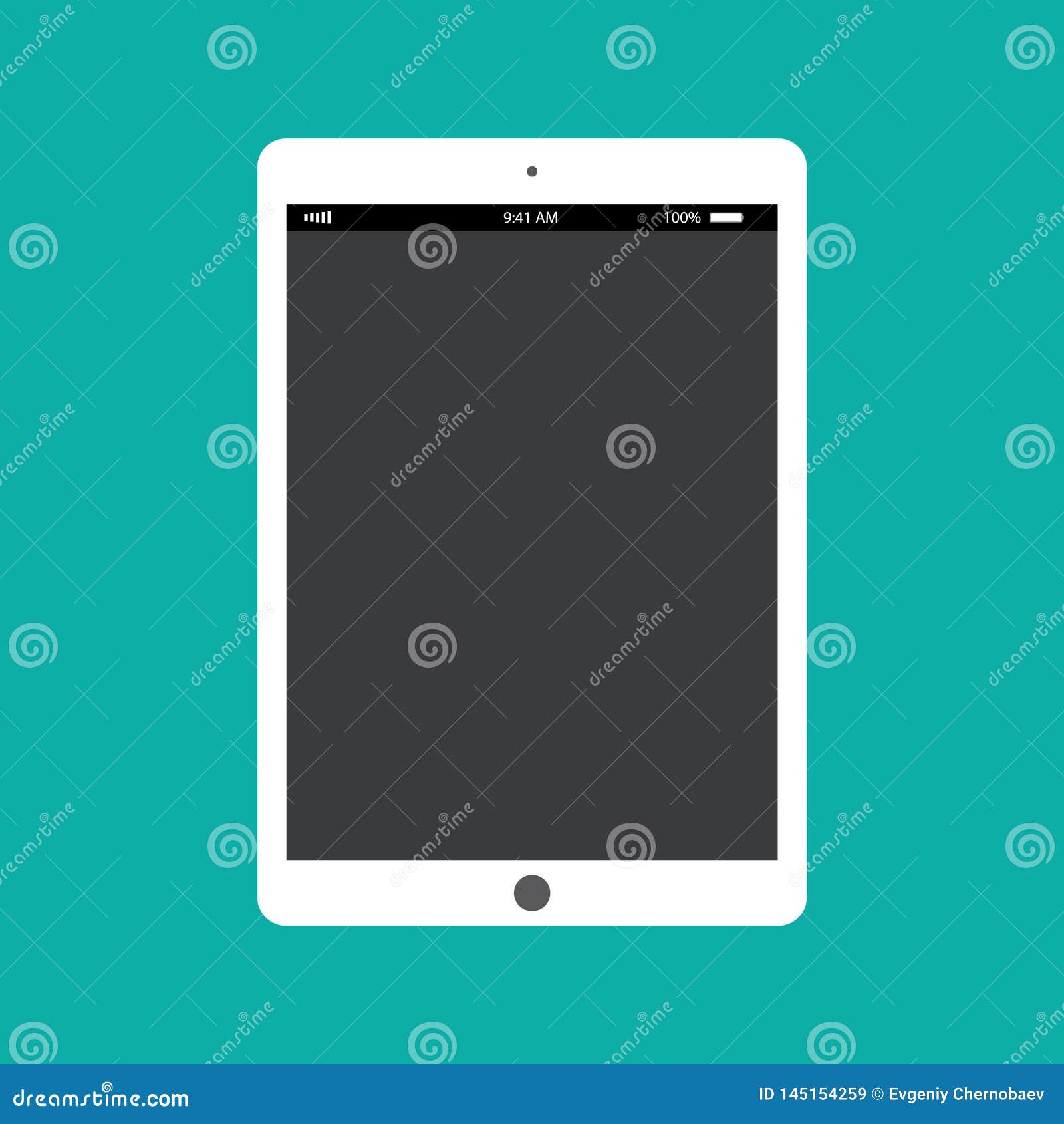 White Tablet with Battery and Clock on Grey Empty Screen. White Flat ...