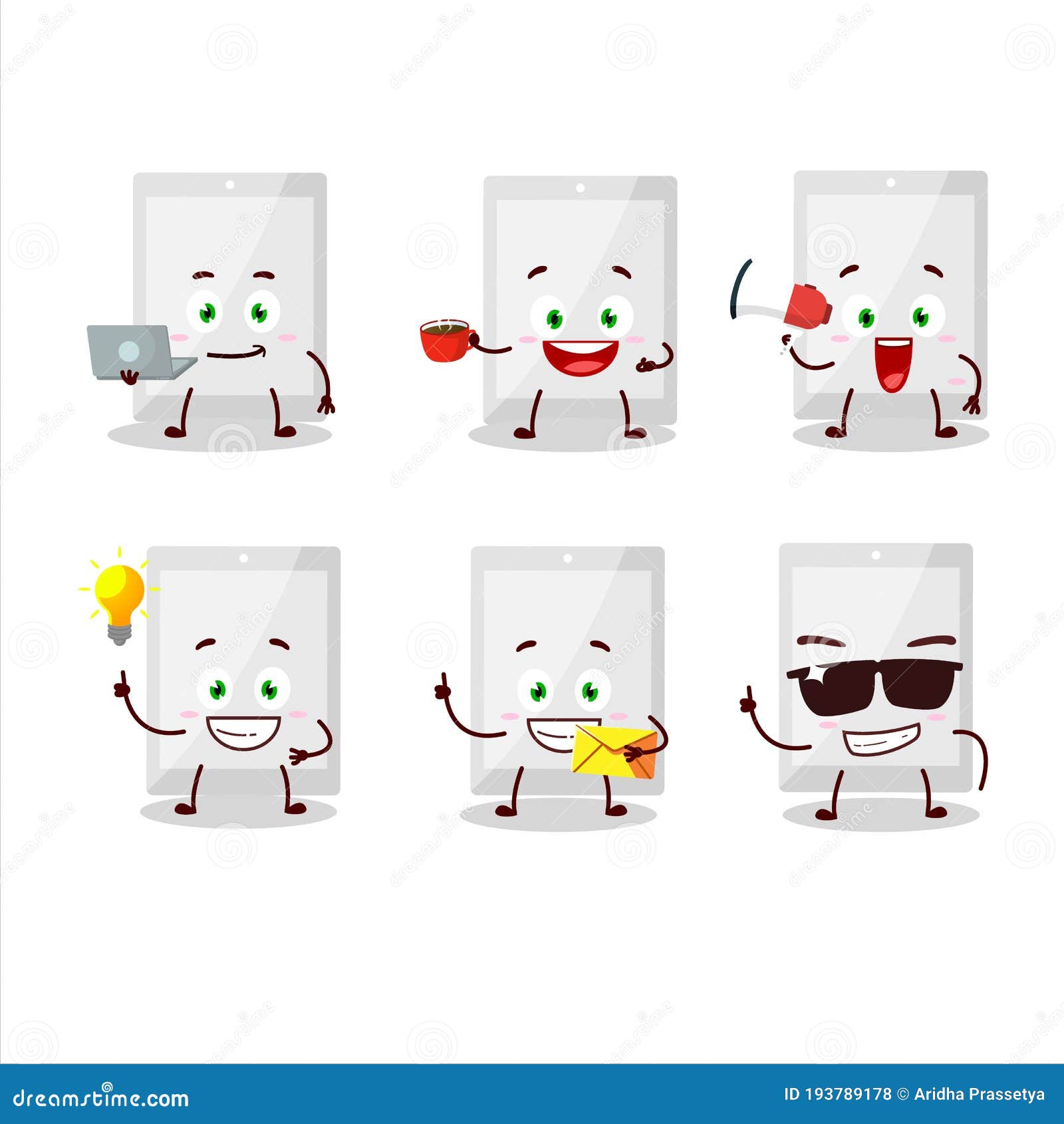 White Tablet Cartoon Character with Various Types of Business Emoticons ...